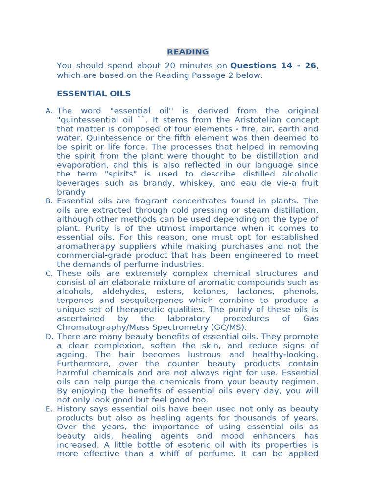 Reading and Listening Test | PDF | Tourism | Essential Oil
