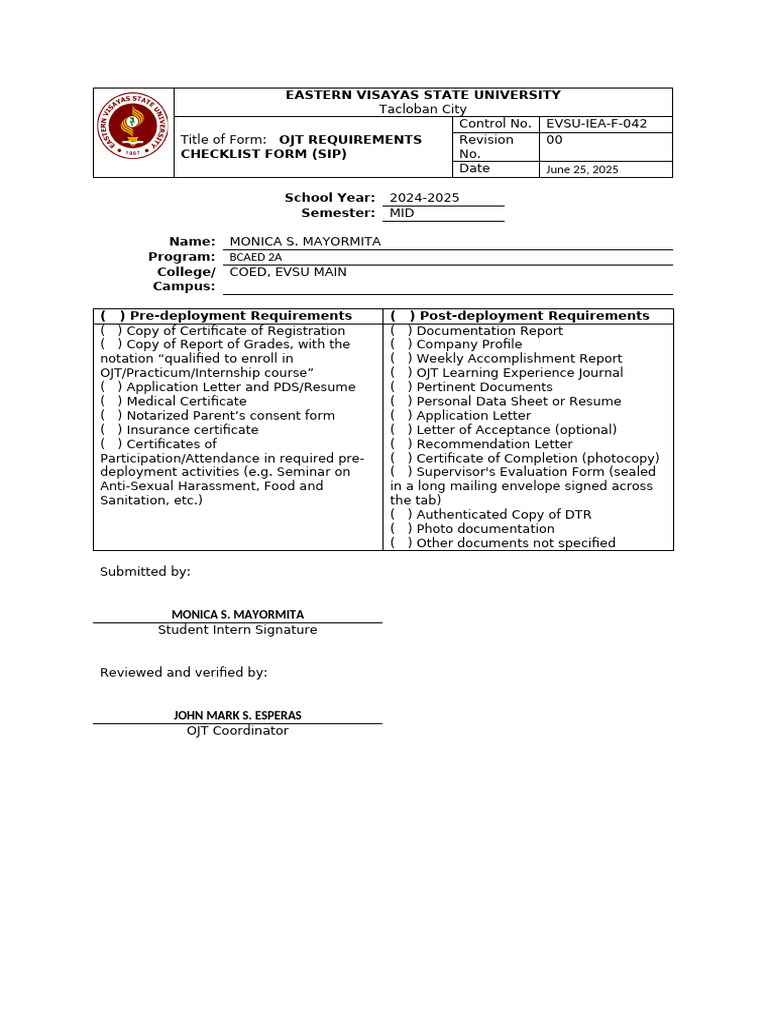 OJT Checklist Monica | PDF