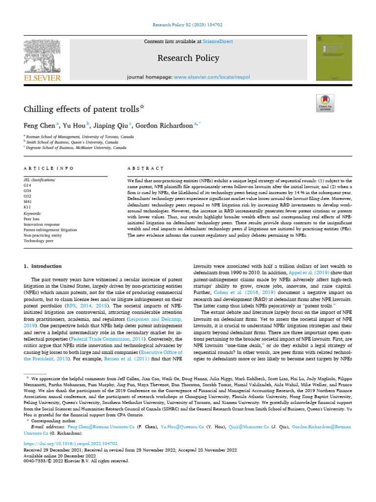 Chilling Effects of Patent Trolls 2023 Research Policy | PDF | Lawsuit ...
