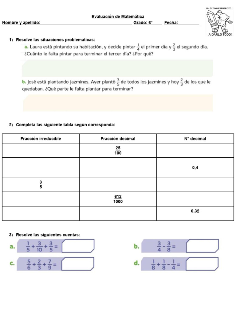 Ev. Fracciones y Decimales 6° | PDF