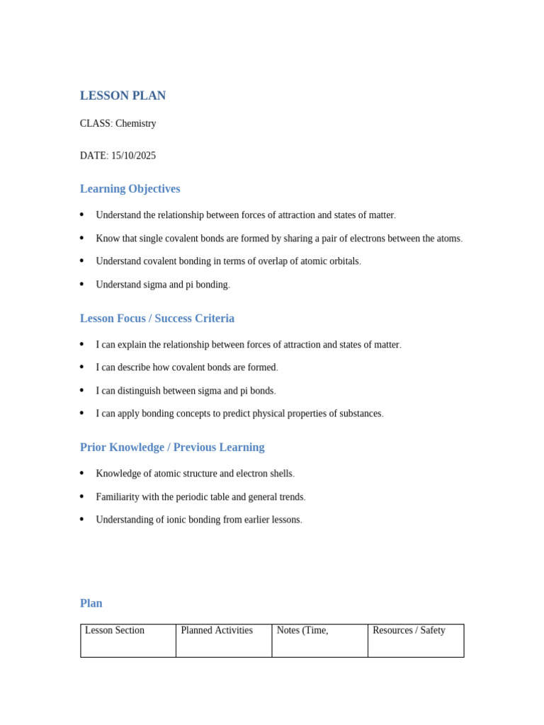 Lesson Plan 8 States of Matter & Bonding | PDF | Chemical Bond ...