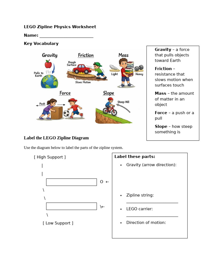 LEGO Zipline Physics Worksheet | PDF | Force | Friction