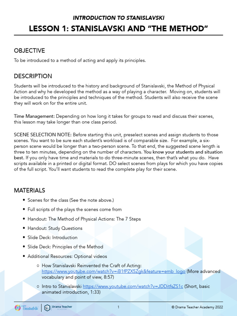 Lesson Plan - Stanislavski and The Method | PDF | Theatre | Acting