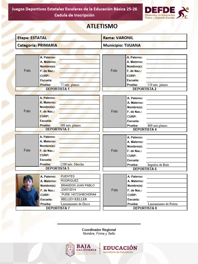 Cedula - Ins - 25-26 Atletismo Varonil Primaria | PDF