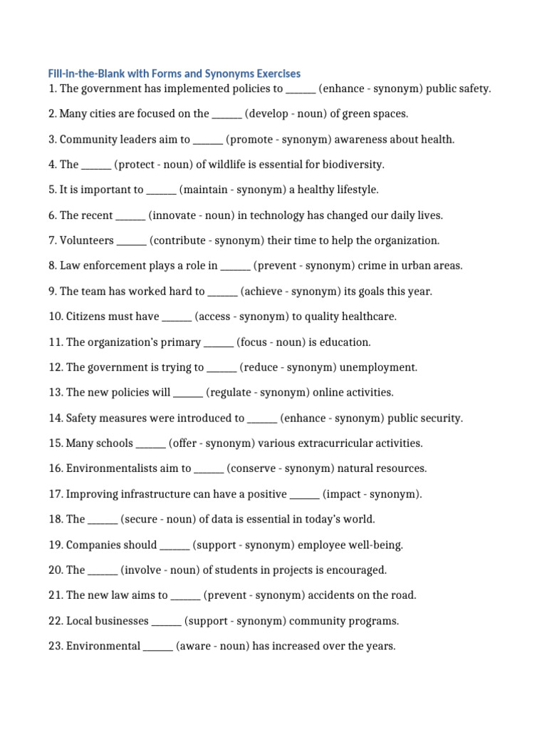 Fill in The Blank With Forms and Synonyms Exercises With Answers | PDF ...