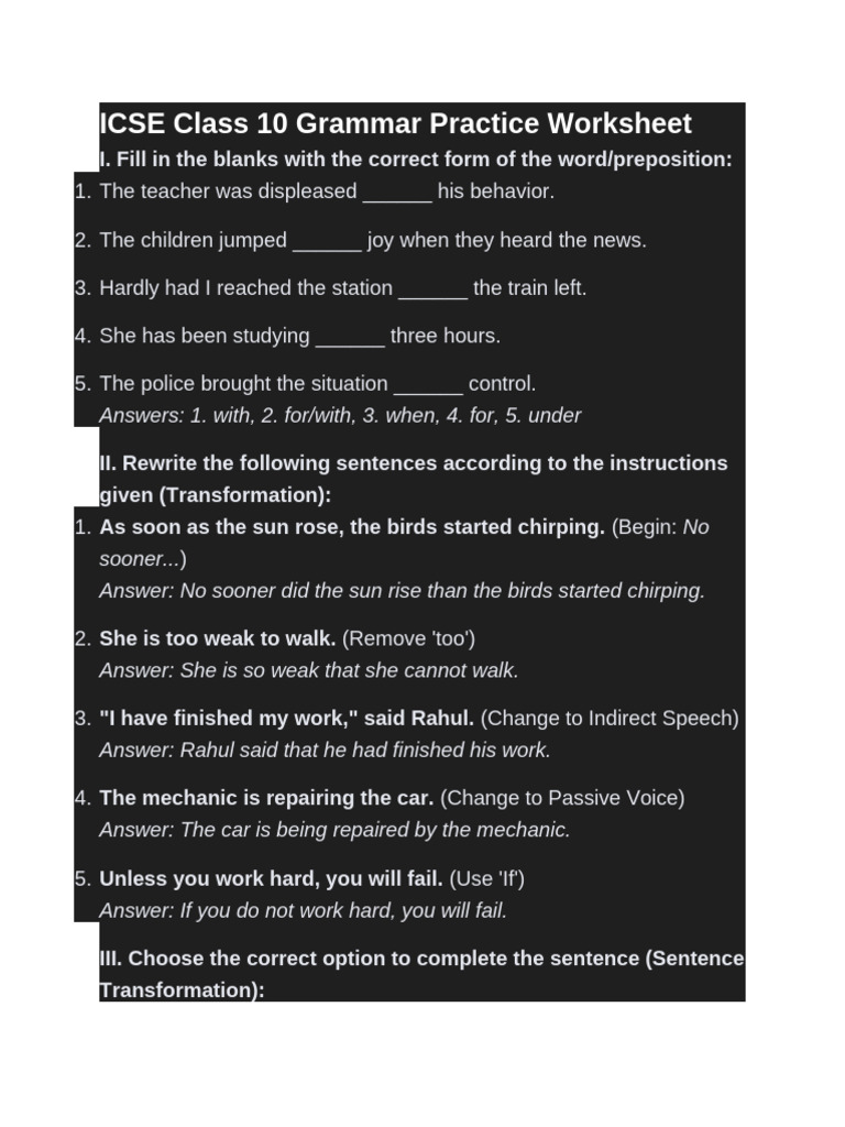 ICSE Class 10 Grammar Practice Worksheet | PDF