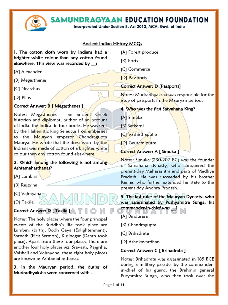 Ancient Indian History Mcqs Set-1 With Answer | PDF
