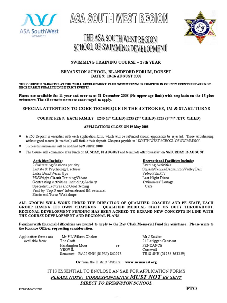 Bryanston 2008 Swimming Training Course | PDF | Sports | Leisure
