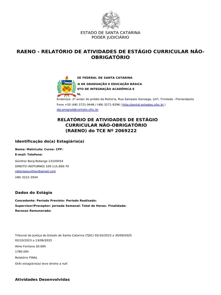 SEI 9549930 RAENO Relatorio Atividades Estagio Nao Obrigatorio | PDF ...