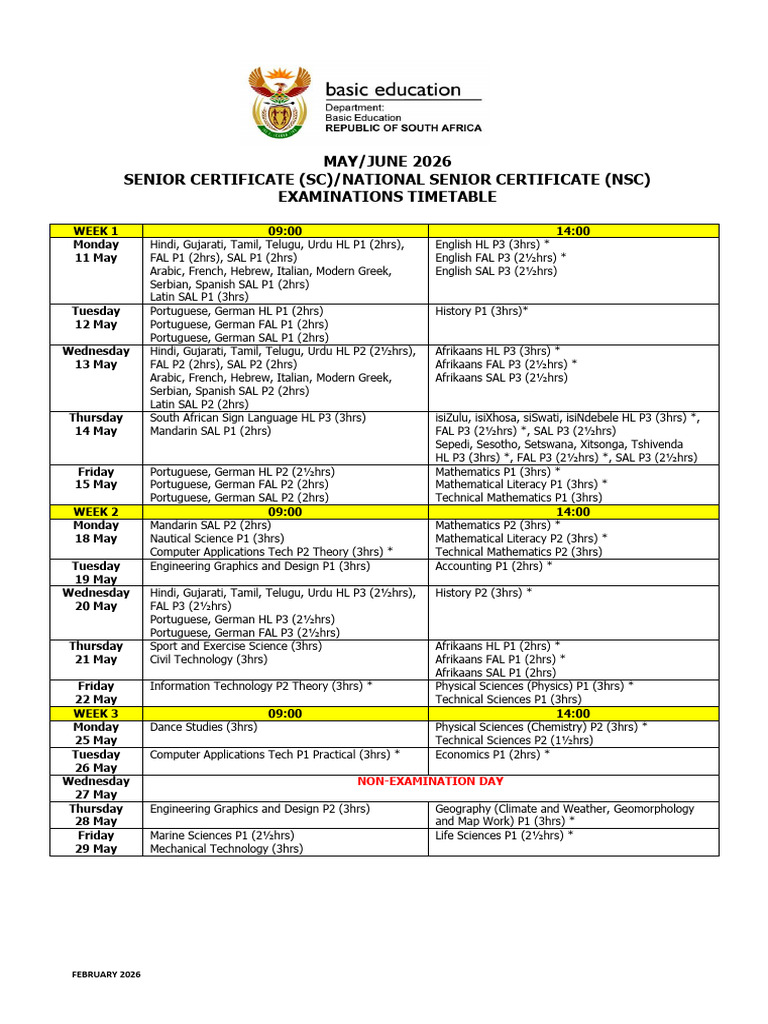 May-June 2026 SC - NSC Timetable Final February 2026 | PDF | Languages ...