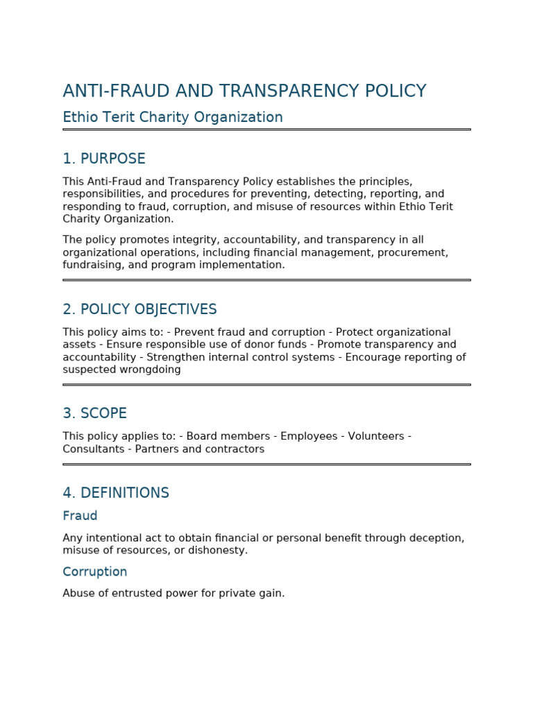 Anti-fraud and Transparency Policy — Ethio Terit Charity Organization ...