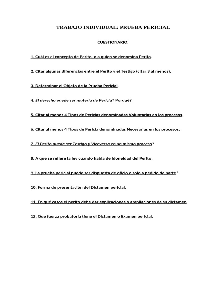 Cuestionario Prueba Pericial | PDF