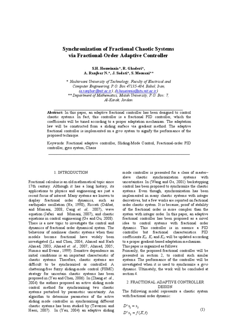 Synchronization Of Fractional Chaotic Systems Via Fractional Order
