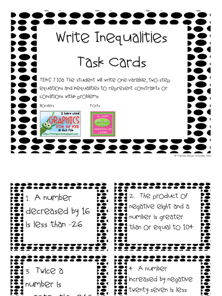 Write Inequalities Task Cards | PDF