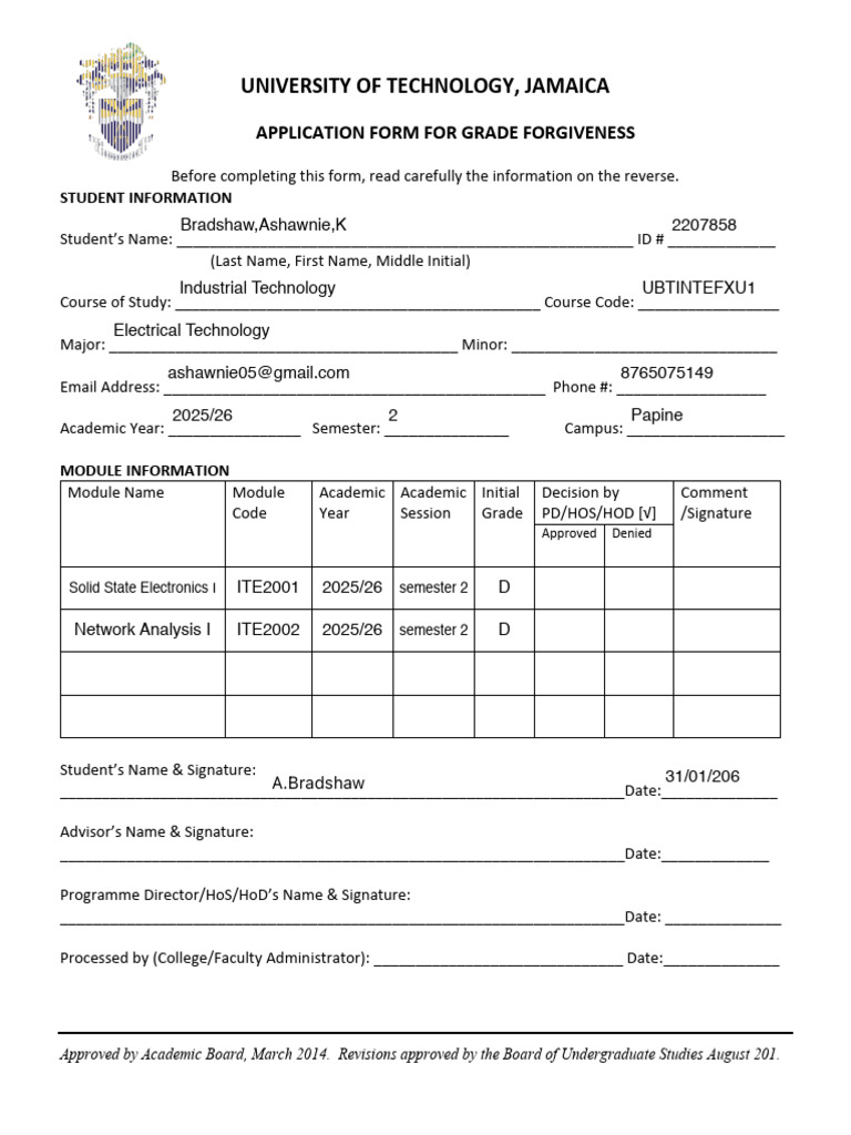UTech Grade Forgiveness Form | PDF | Educational Stages | Academia
