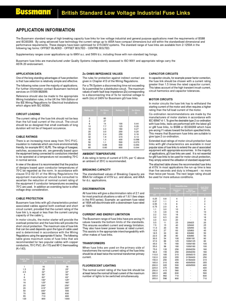 BS88 Fuse Links: Max Zs & Capacity Guide | PDF | Fuse (Electrical ...