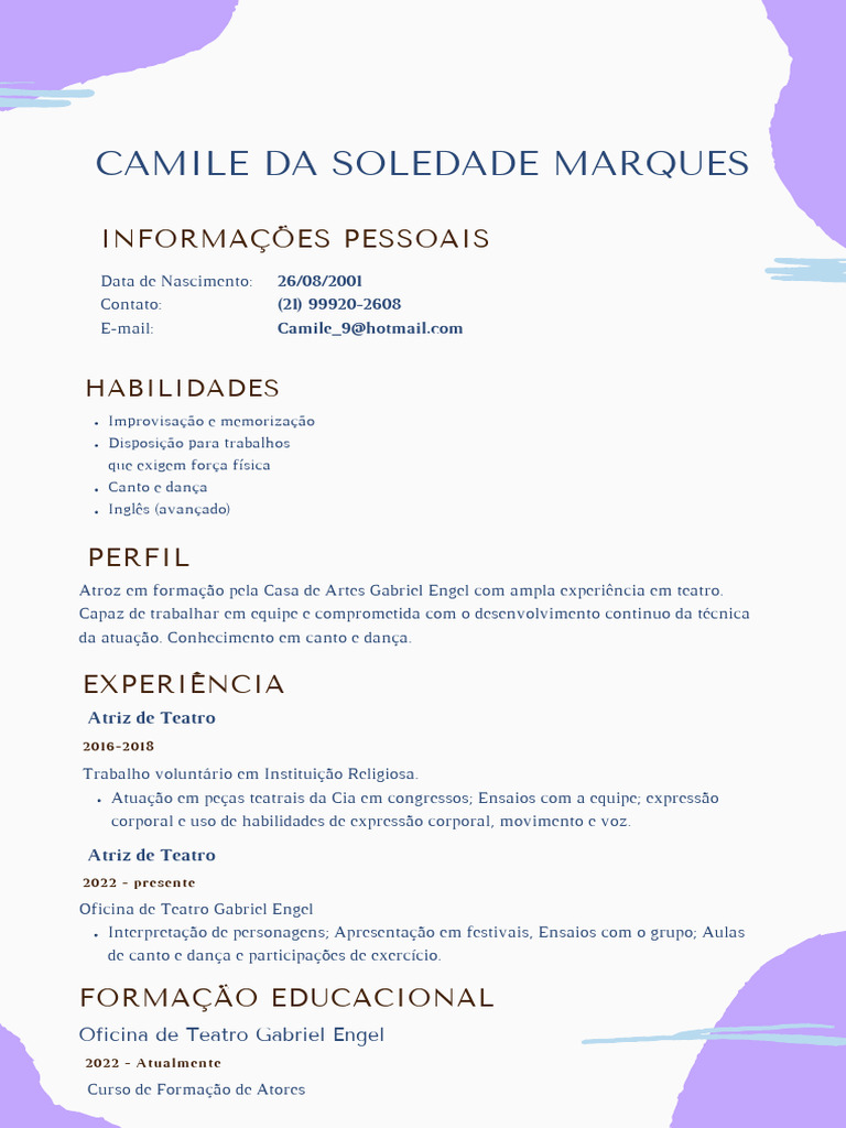 Curriculo Artistico Camile | PDF