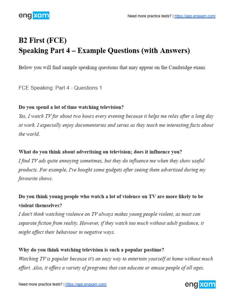 B2 First FCE Speaking Part 4 - Example Questions PDF | PDF
