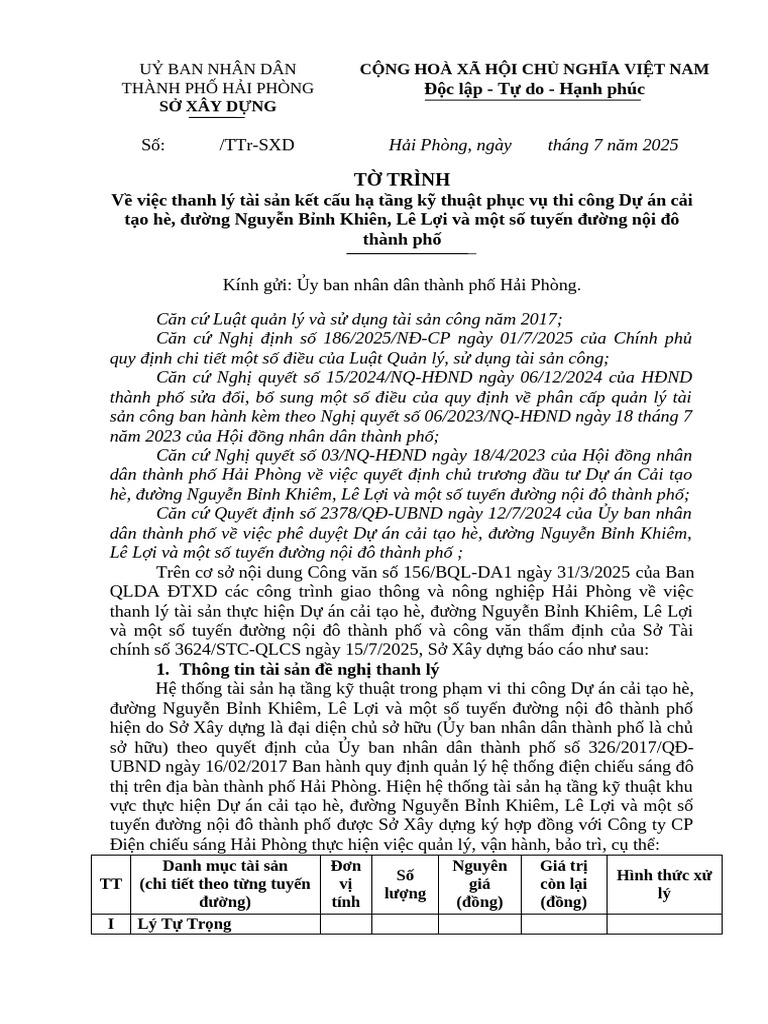TTR Phe Duyet Thanh Ly Tai San Thi Cong Mo Rong Duong Le Loi | PDF