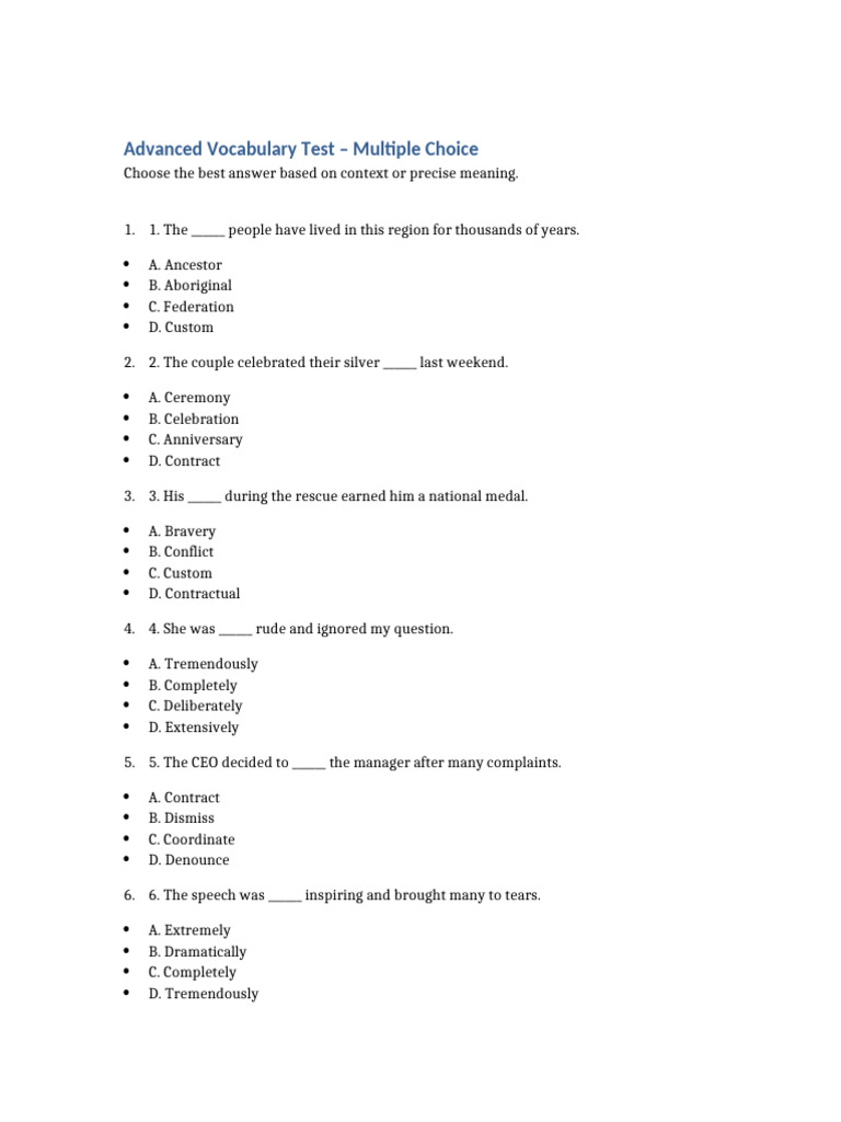 Advanced Vocabulary Test With Answers | PDF
