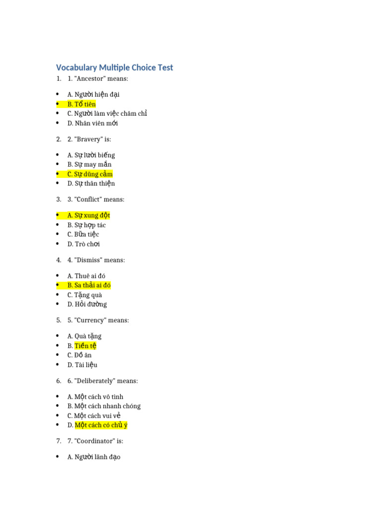 Vocabulary Multiple Choice Test | PDF