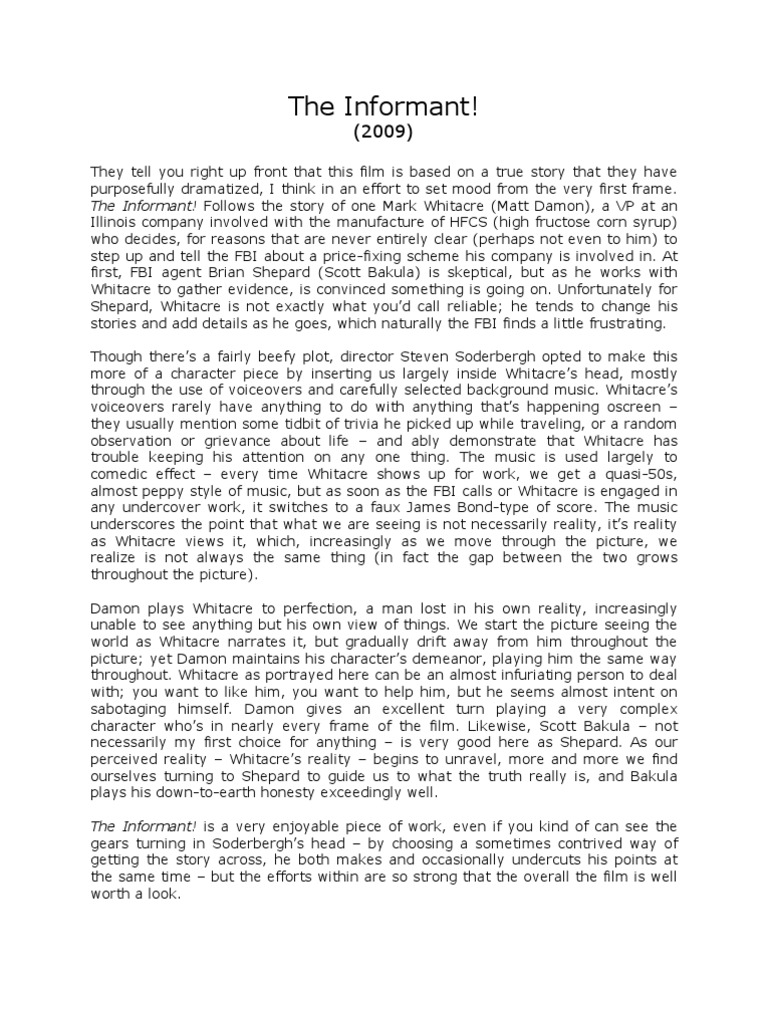 The Informant! Movie Review and Analysis | PDF