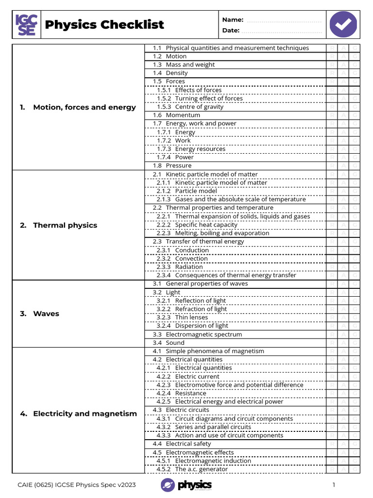 IGCSE Physics Checklist v2023 | PDF