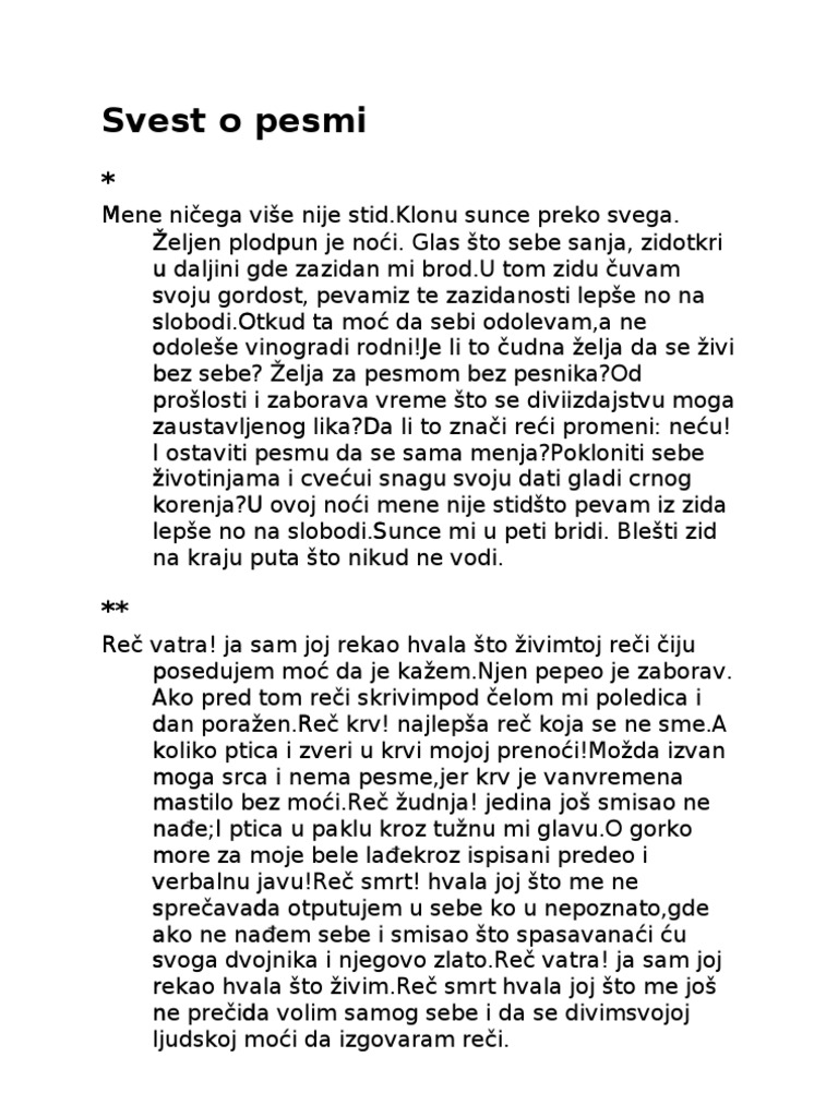 Svest o Pesmi Branko Miljkovic | PDF