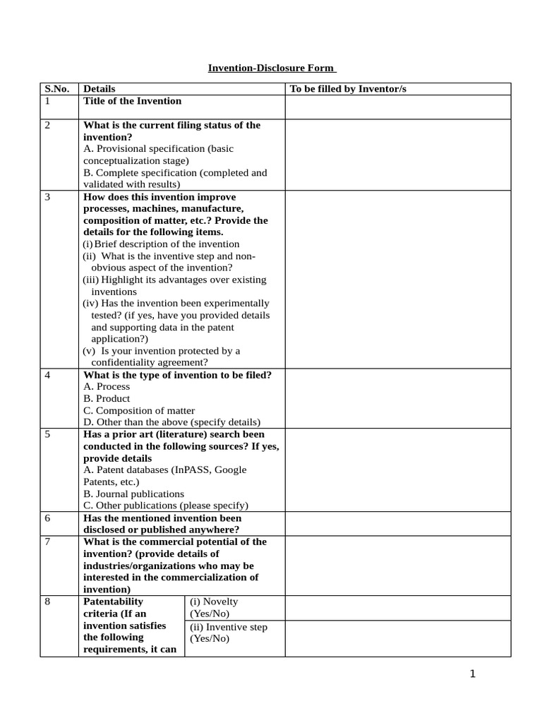 Invention - Disclosure Form | PDF | Monopoly (Economics) | Patent Law