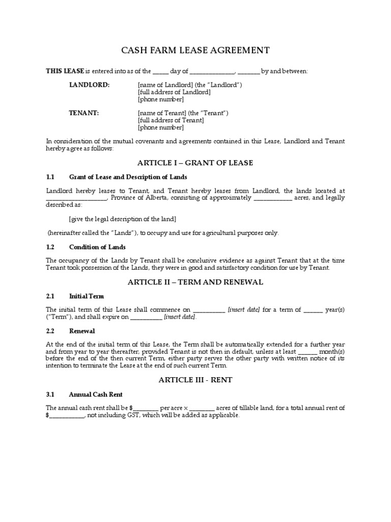 Cash Farm Lease Agreement Template | PDF