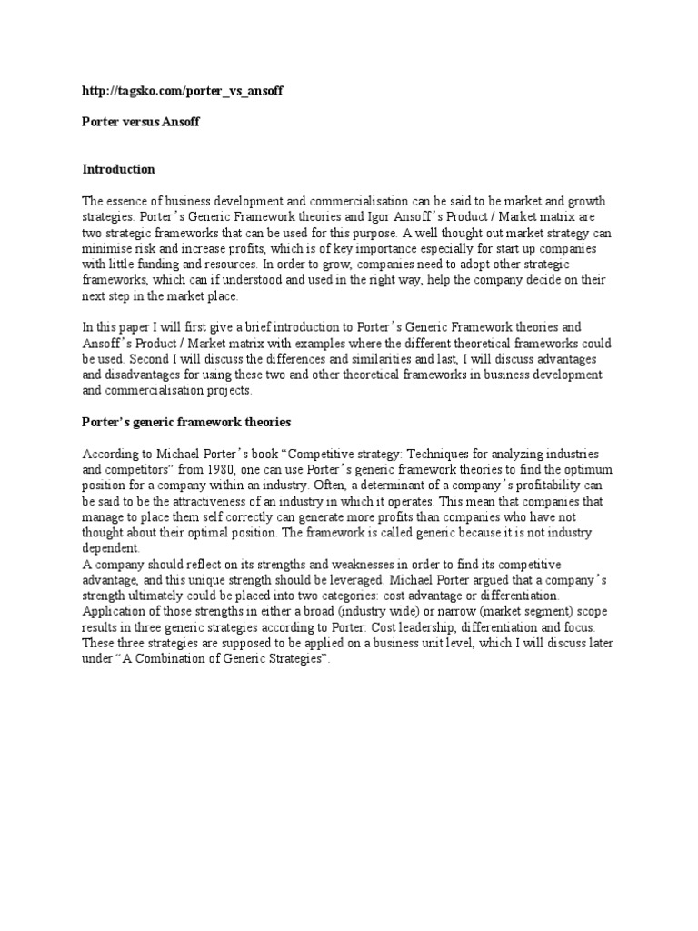 Comparing Porter's and Ansoff's Strategies | PDF | Strategic Management ...