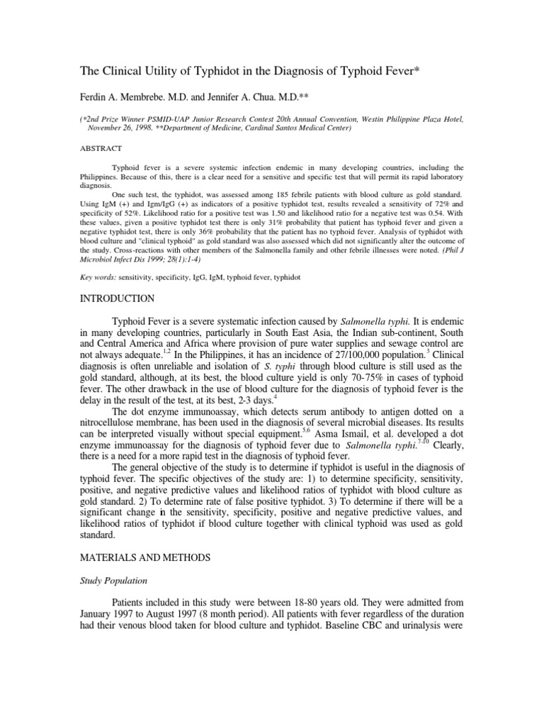 The Clinical Utility of Typhidot in the Diagnosis of Typhoid Fever ...