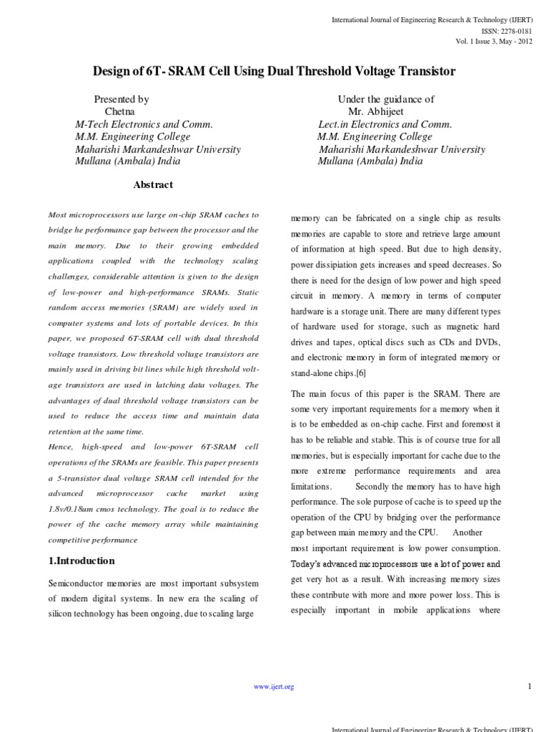 Design of 6T-SRAM Cell Using Dual Threshold Voltage Transistor | Download Free PDF | Random ...