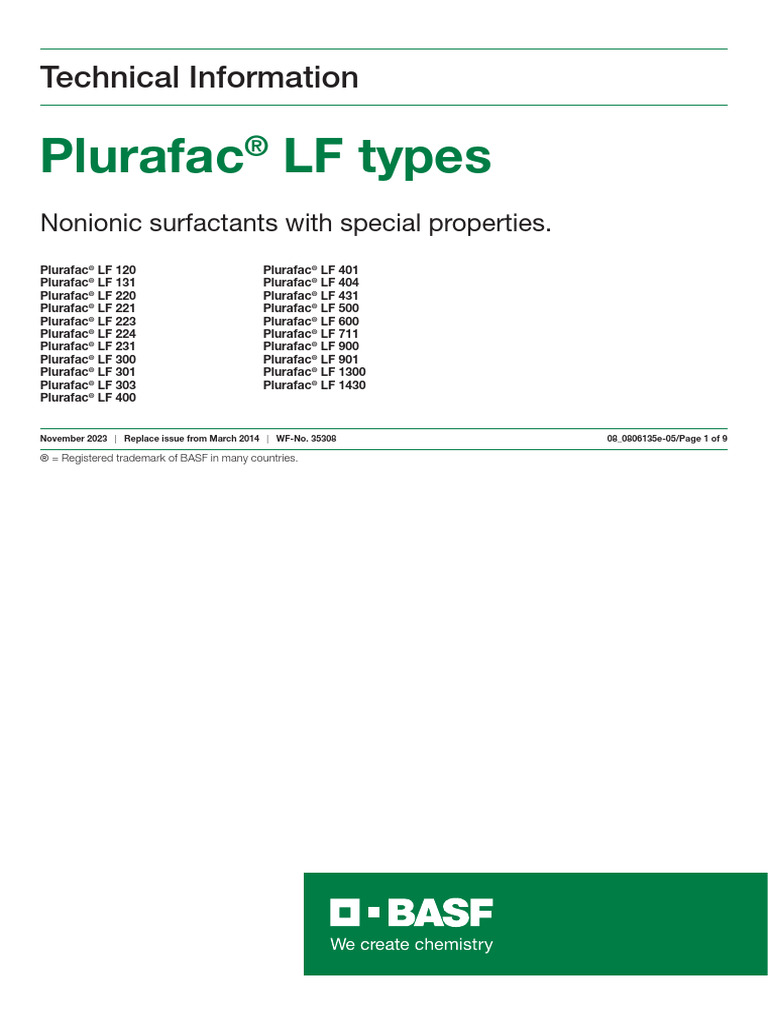 Plurafac LF Types TI 4 | PDF | Solubility | Viscosity