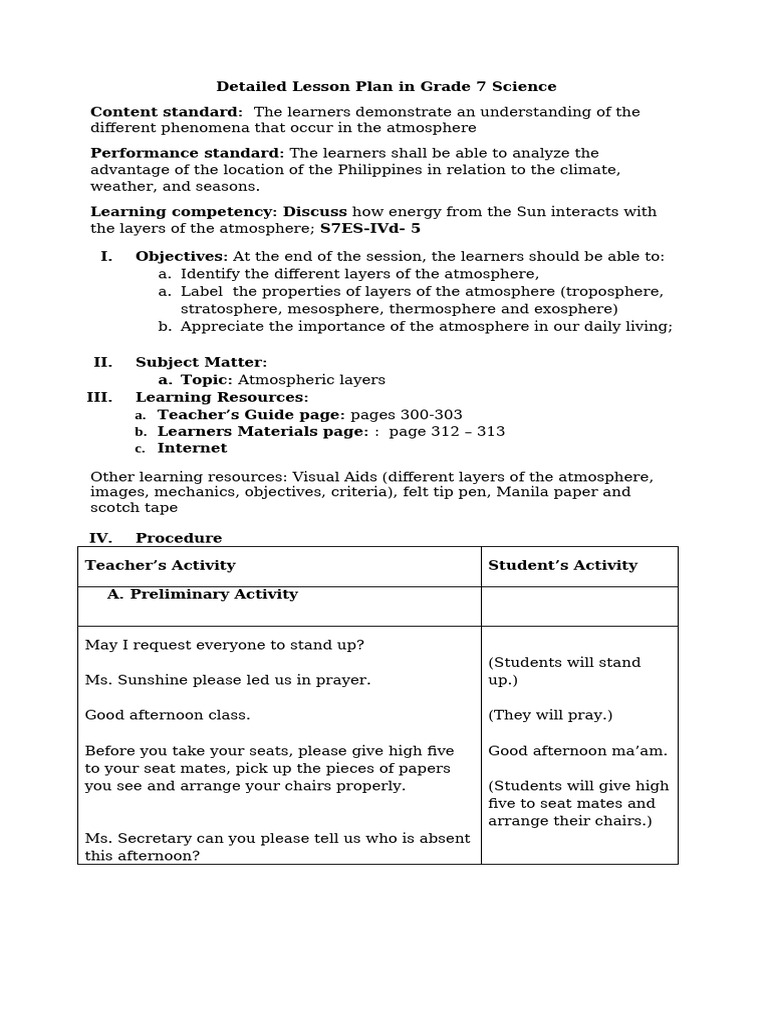 Detailed Lesson Plan in Grade 7 Science | PDF | Atmosphere Of Earth ...