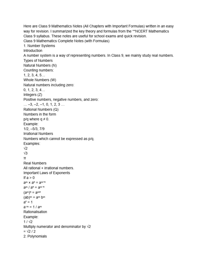 Math Class 9 All Chapters Formula and Notes | PDF