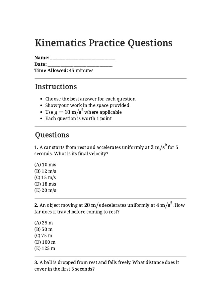 Kinematics Practice Questions | PDF | Acceleration | Velocity