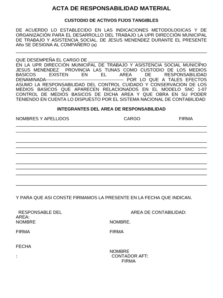 Acta de Responsabilidad Material Aft y Utiles | PDF | Business ...
