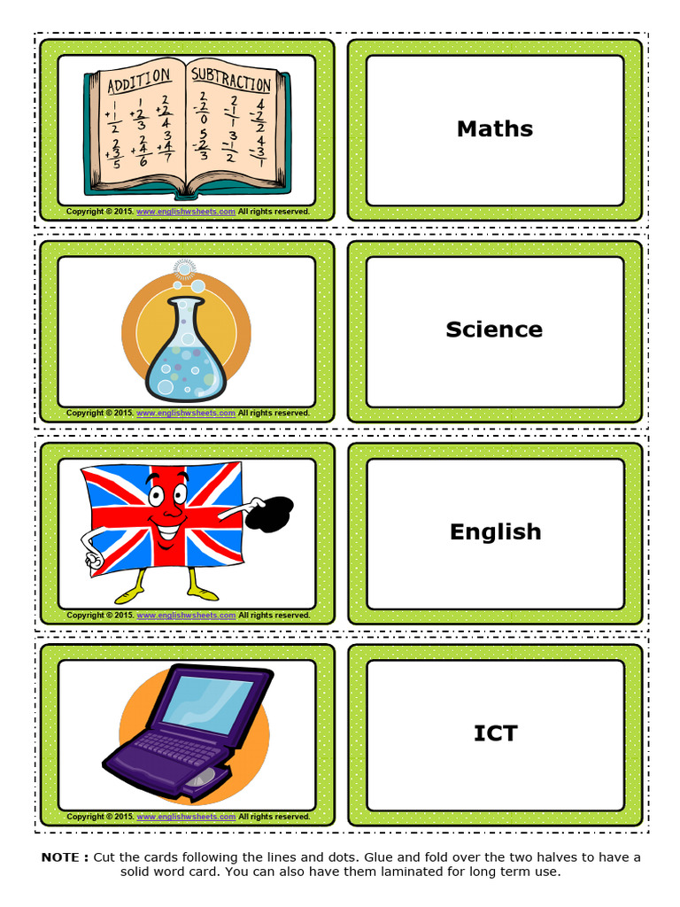 School Subjects Esl Vocabulary Game Cards For Kids | PDF
