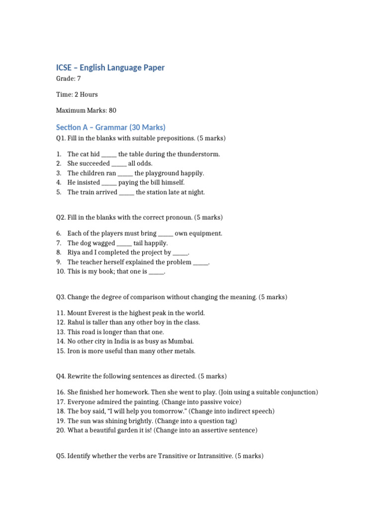 ICSE Grade7 English Paper | PDF | Verb | Syntax