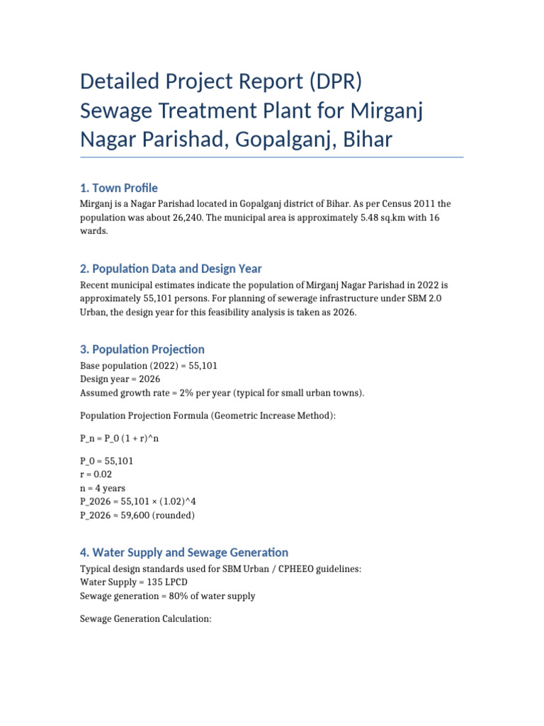 Mirganj STP DPR 2026 | PDF | Sewage Treatment | Fresh Water