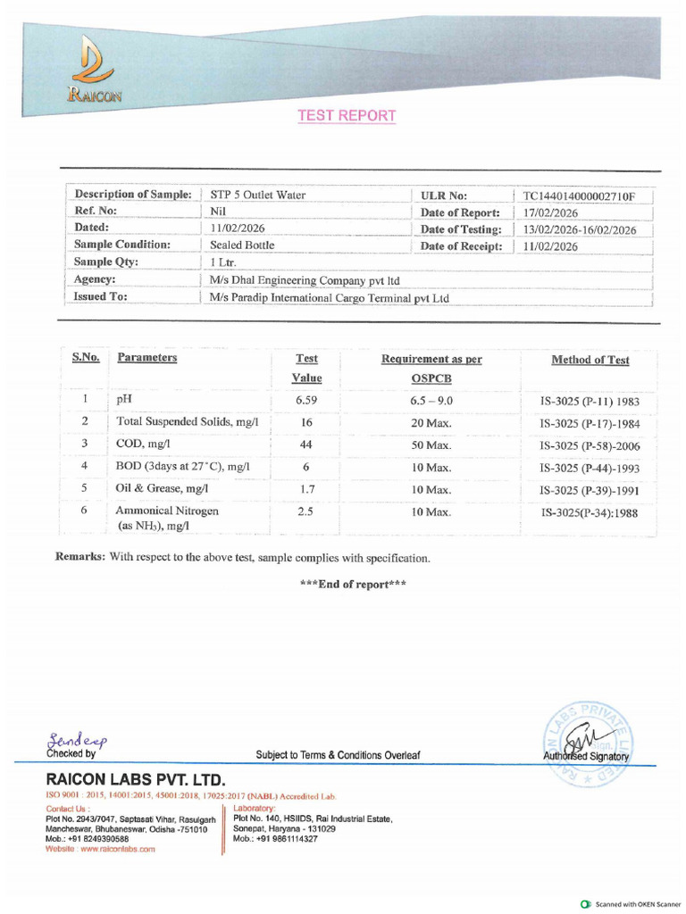 Pict STP Outlet Test Report | PDF
