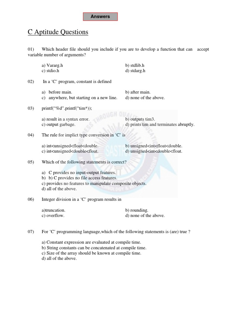 C Aptitude Questions 50 | PDF | C (Programming Language) | Subroutine