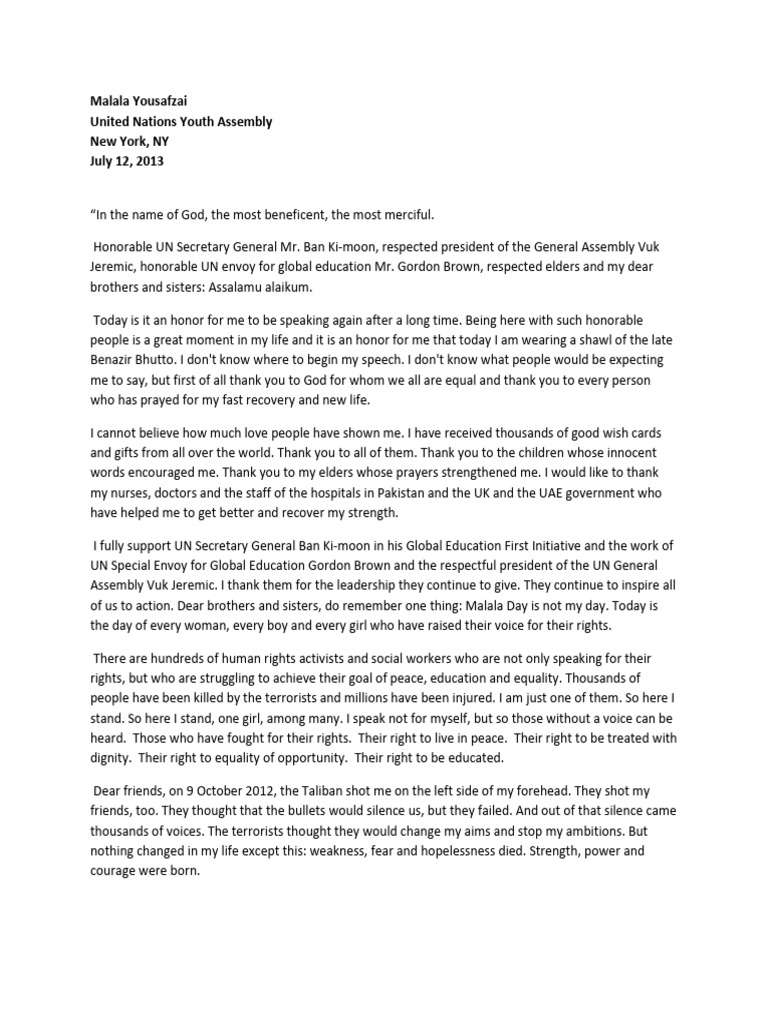 Text of Malala Un Speech | PDF | Malala Yousafzai