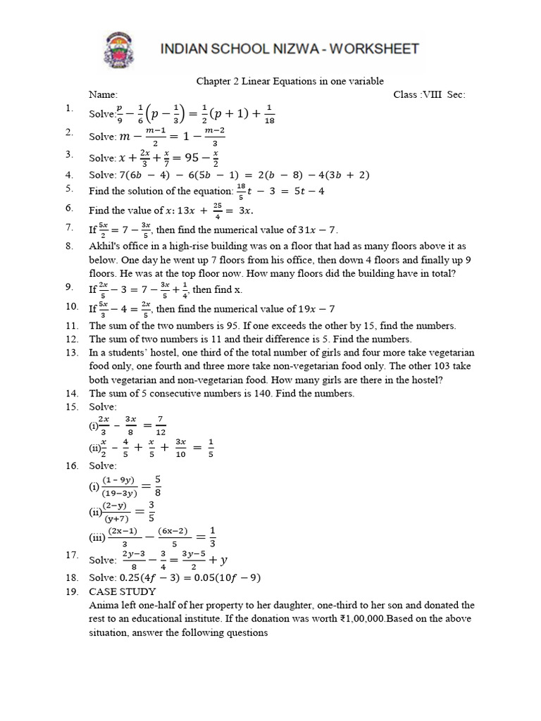 LINEAR EQUATIONS IN ONE VARIABLE Class 8 Worksheet 2025-2026 | PDF ...
