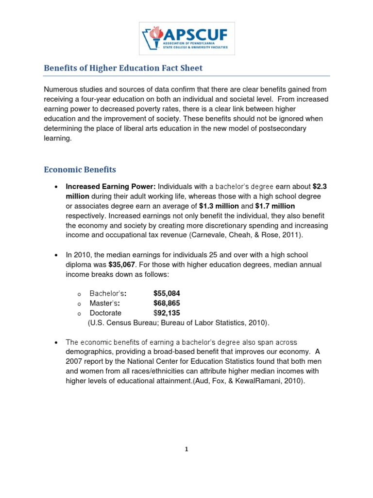 Benefits of Higher Ed Fact Sheet | PDF | Economies | Further Education
