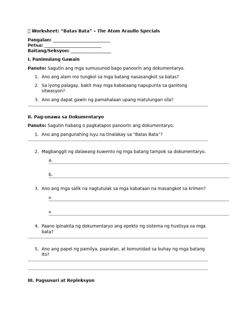 Batas Bata Worksheet | PDF
