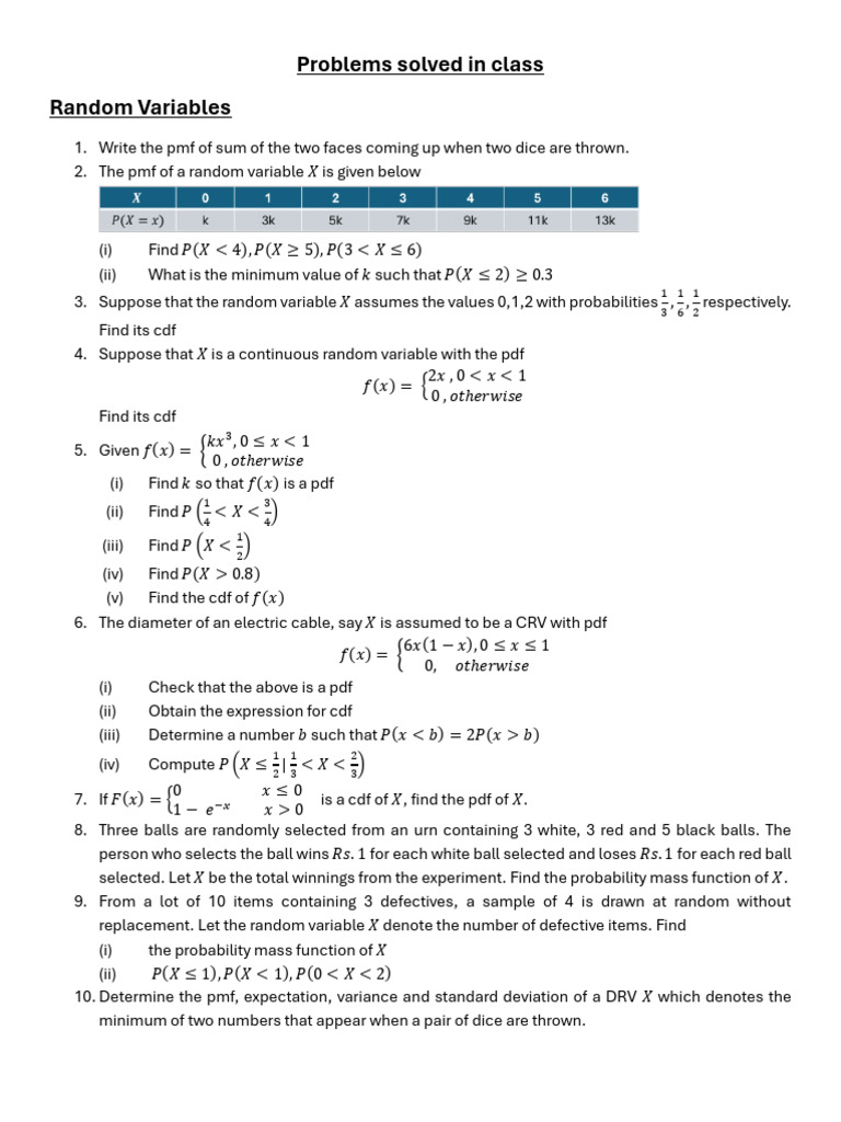 Problems Solved in Class_Random Variables | PDF | Probability Density ...