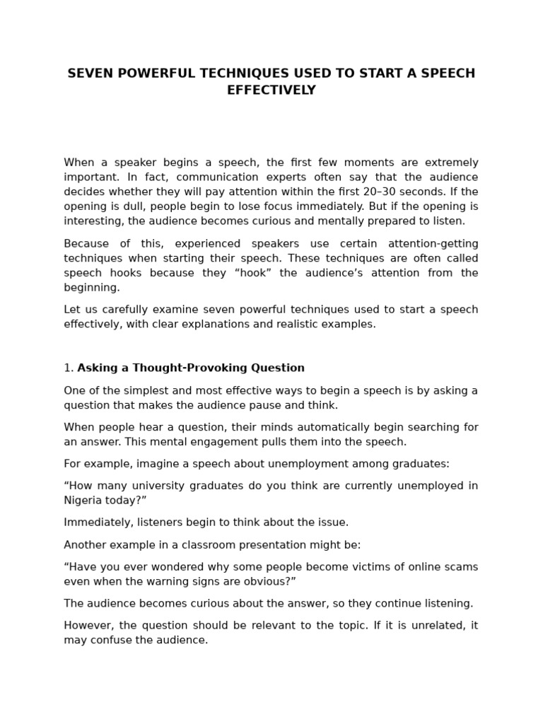 Seven Powerful Techniques Used To Start A Speech Effectively | PDF | Humour