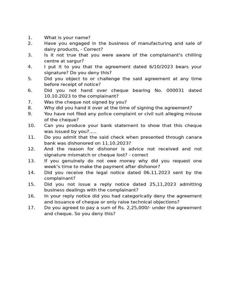 Trisha - Cross Examination Quetion _ CC. 204 of 2024 Alepa Dairy | PDF ...